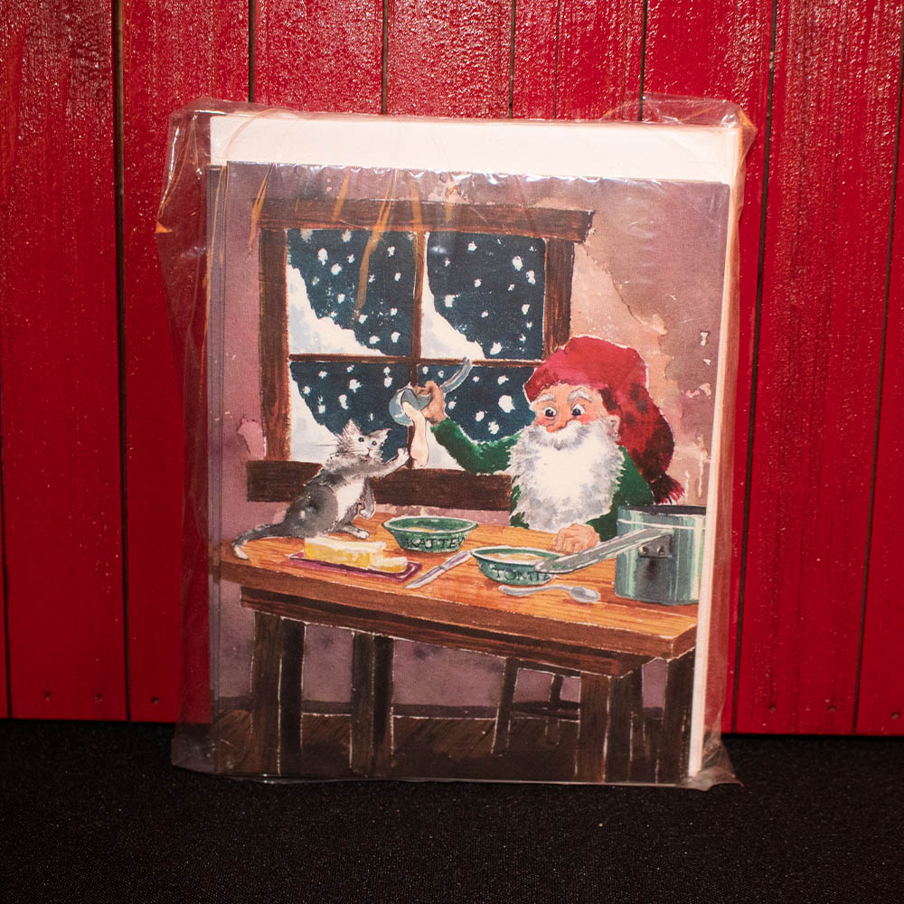 Christmas Cards - Tomten Sharing Porridge with Cat
